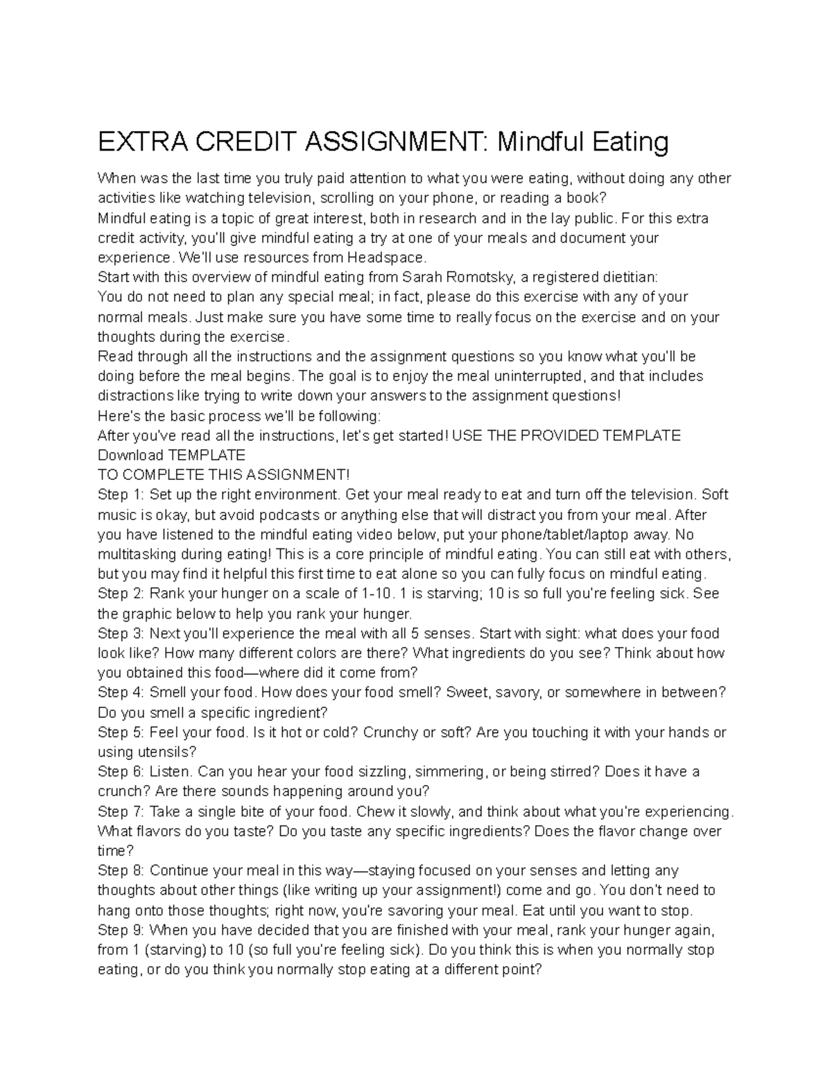 Extra Credit Assignment - Mindful Eating Rubric - EXTRA CREDIT ...