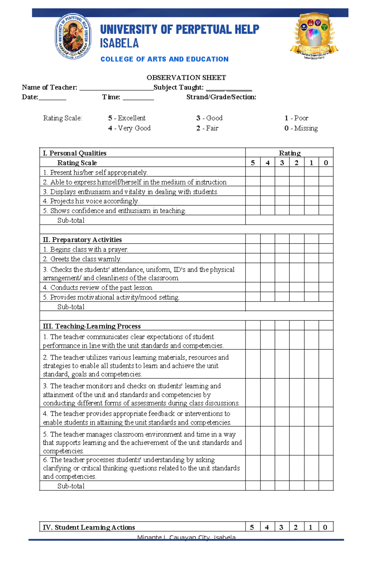 Class Observation Rubrics 1 1 - COLLEGE OF ARTS AND EDUCATION ...