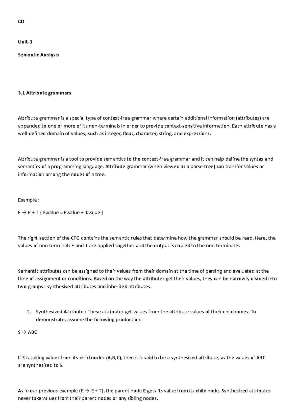 CD unit 3 - Module 3 Lecture: 10 hrs. Semantic Analysis: Attribute ...