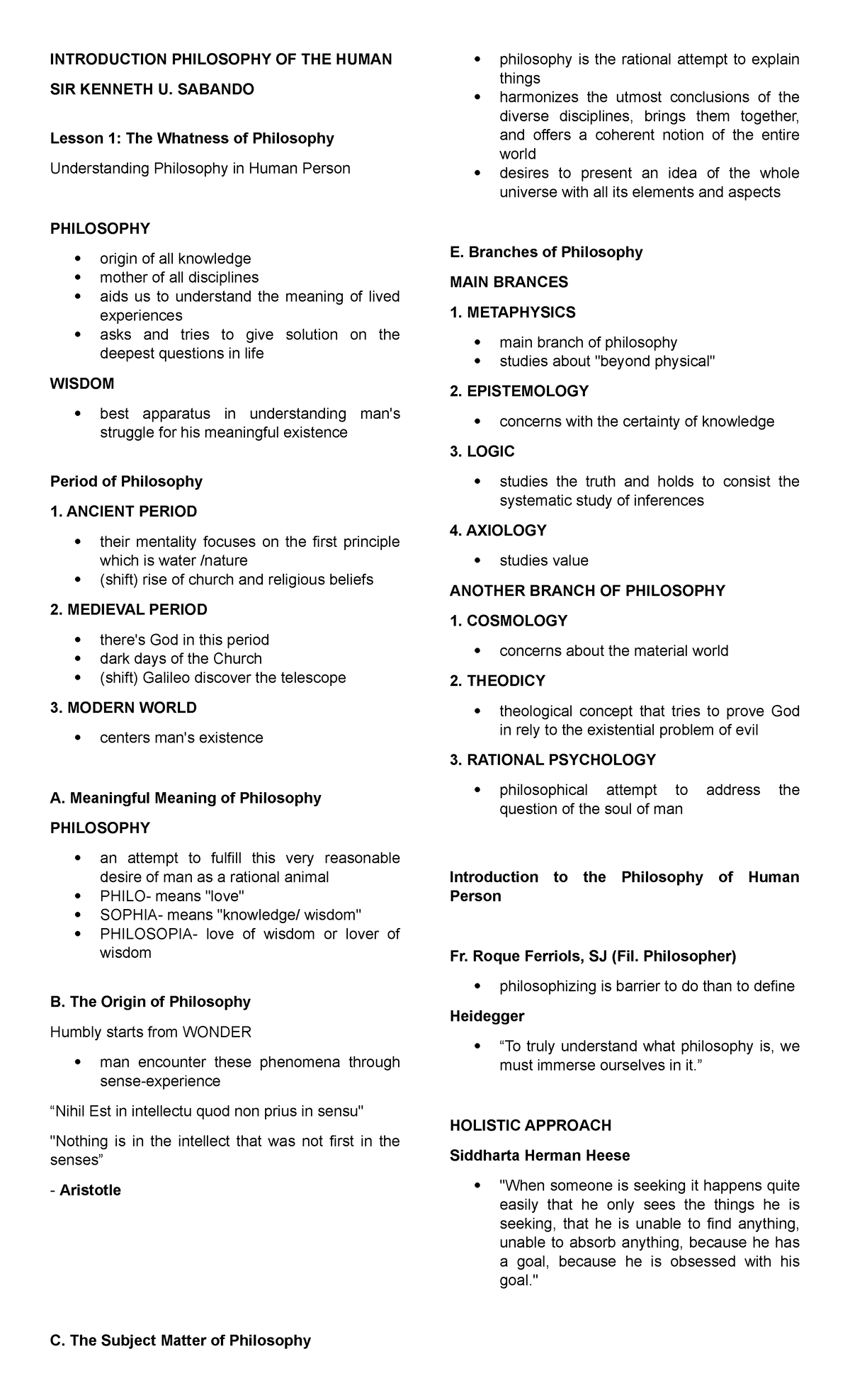 Philosophy- Reviewer - INTRODUCTION PHILOSOPHY OF THE HUMAN SIR KENNETH ...