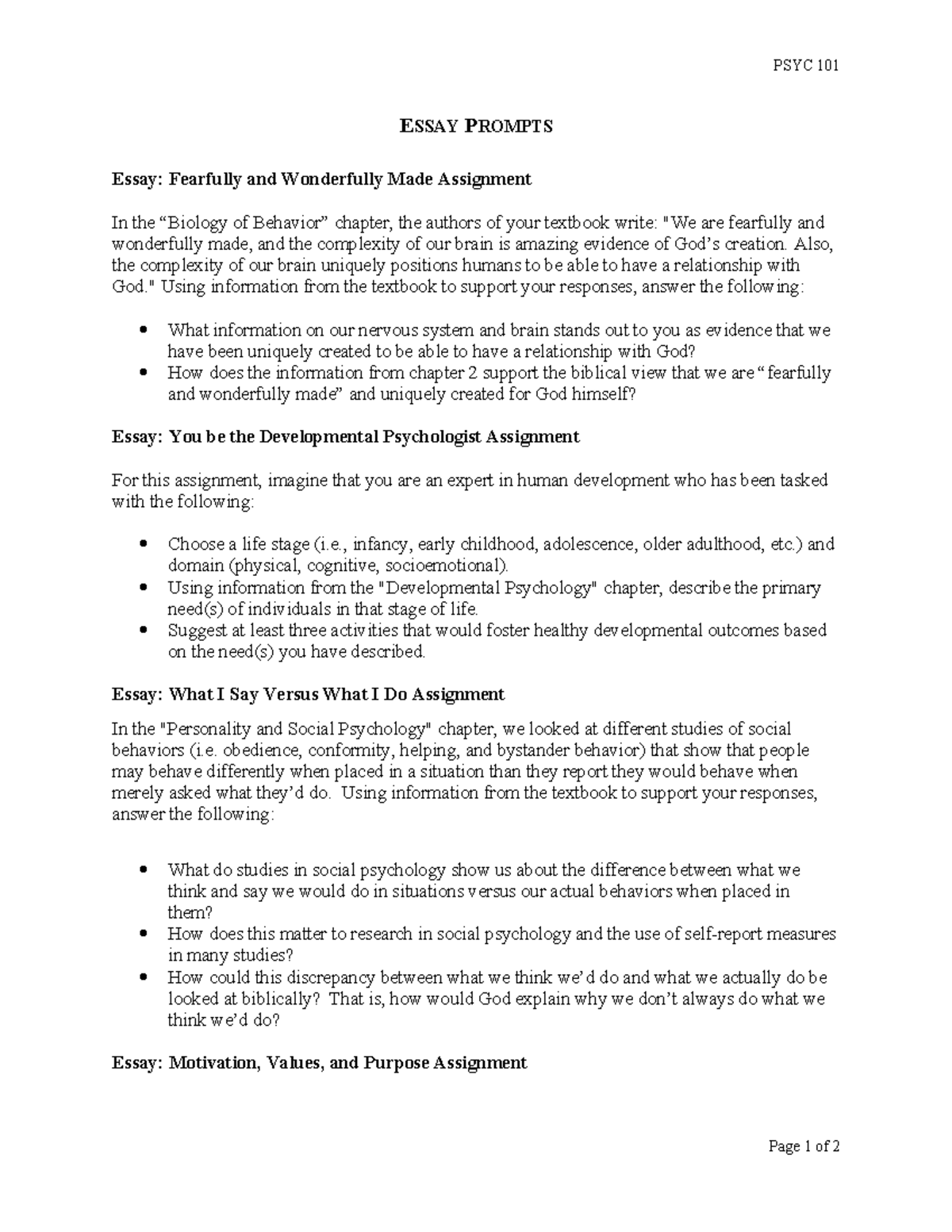 Essay Prompts - PSYC 101 ESSAY PROMPTS Essay: Fearfully and Wonderfully Made Assignment In the ...