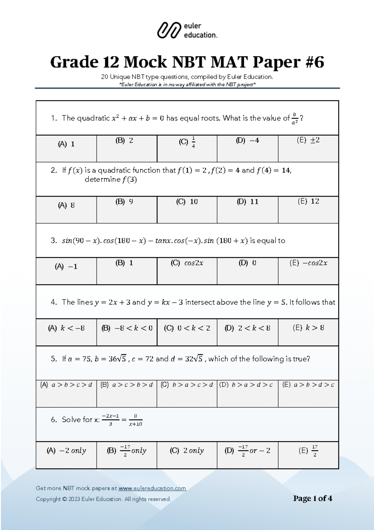NBT Math Paper 6 Questions - Get more NBT mock papers at eulereducation ...