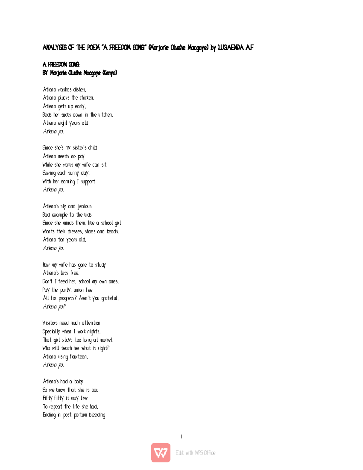 Analysis OF THE POEM A Freedom SONG Marjorie Courtesy OF AYUB Brian ...