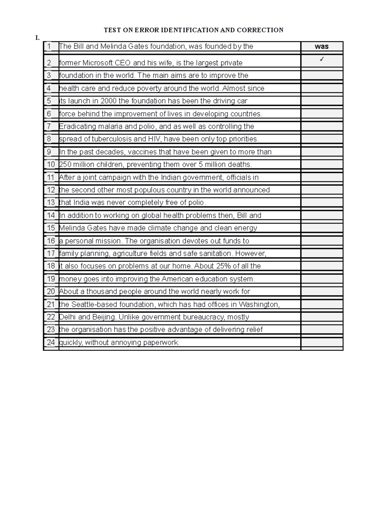 TEST ON Error Identification AND Correction- Handout - TEST ON ERROR ...