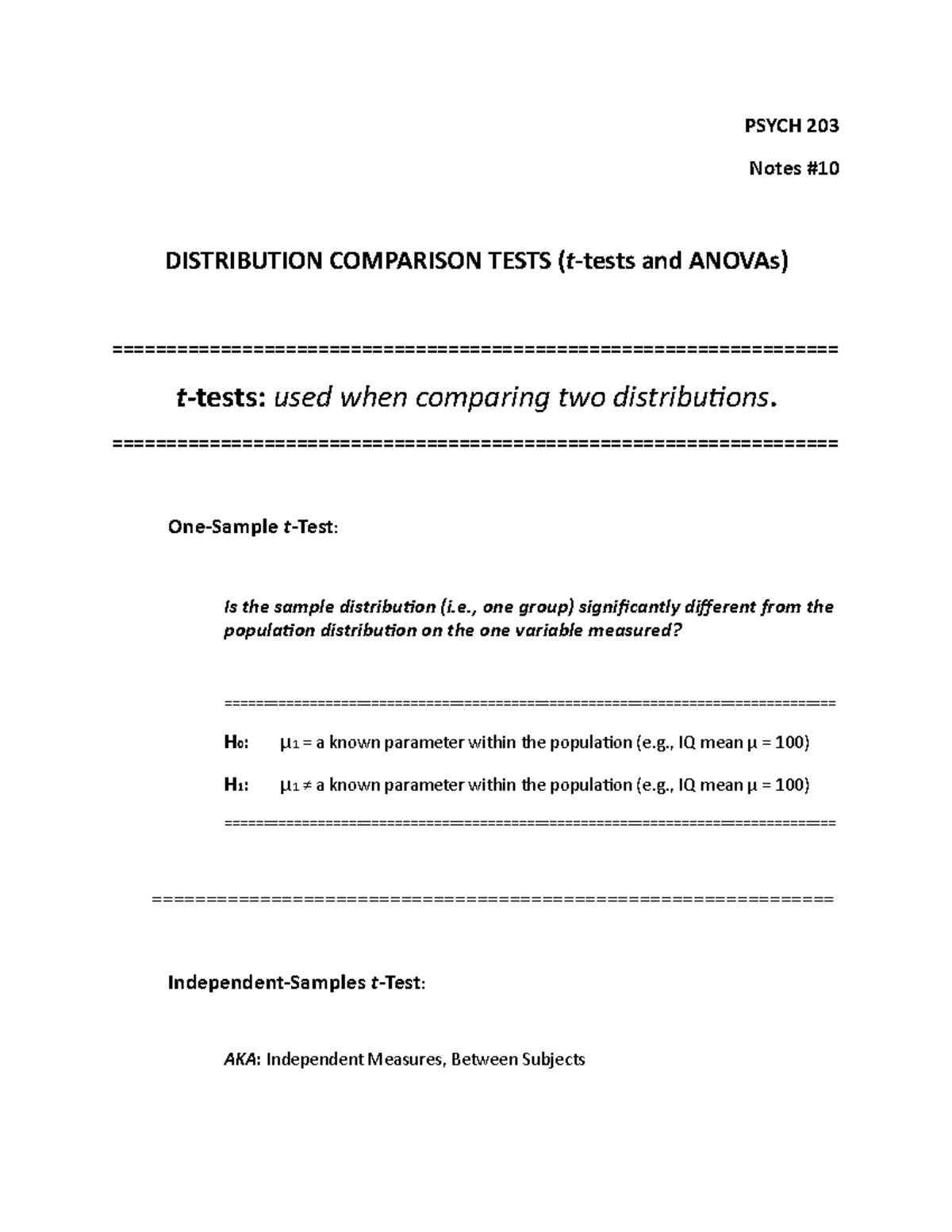 Psych 203 Notes #10 - T-Tests & ANOVA - PSYCH 203 Notes #10 ...