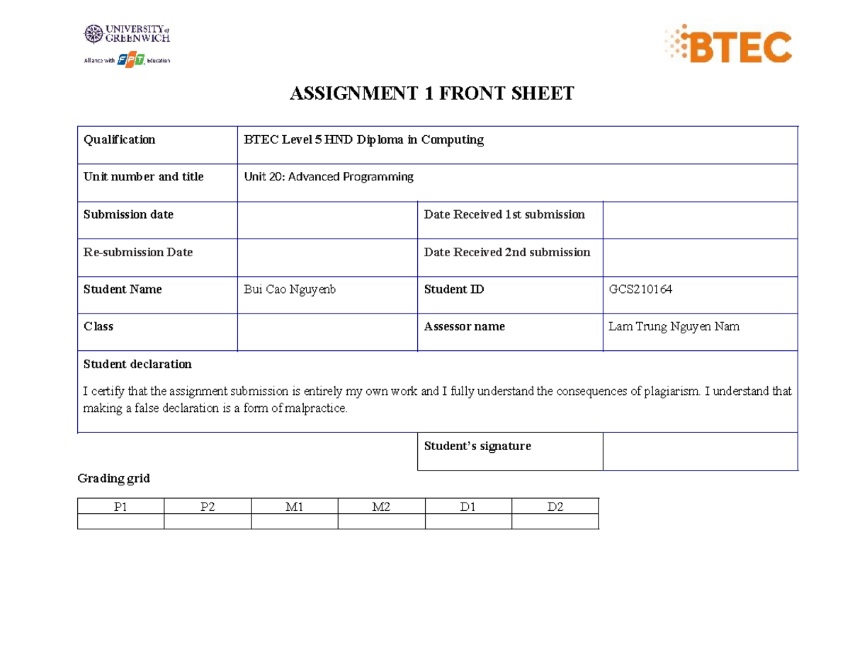 Unit 20 - Assignment 1 frontsheet - ASSIGNMENT 1 FRONT SHEET ...