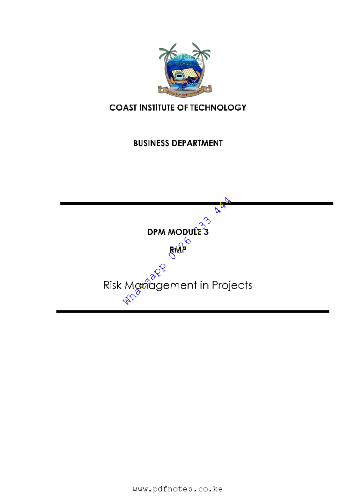 Project risks notes - OF TECHNOLOGY reliance for self COAST INSTITUTE ...