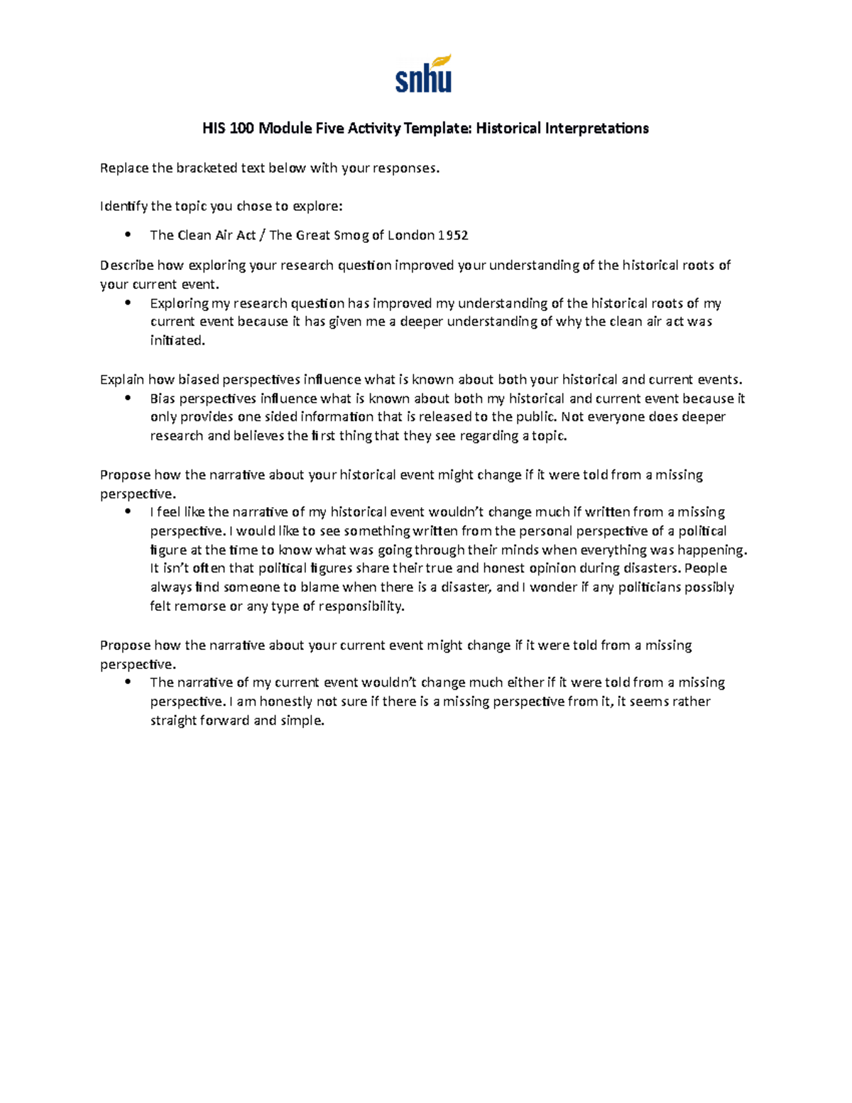 HIS 100 Module Five Activity Template - Identify the topic you chose to ...