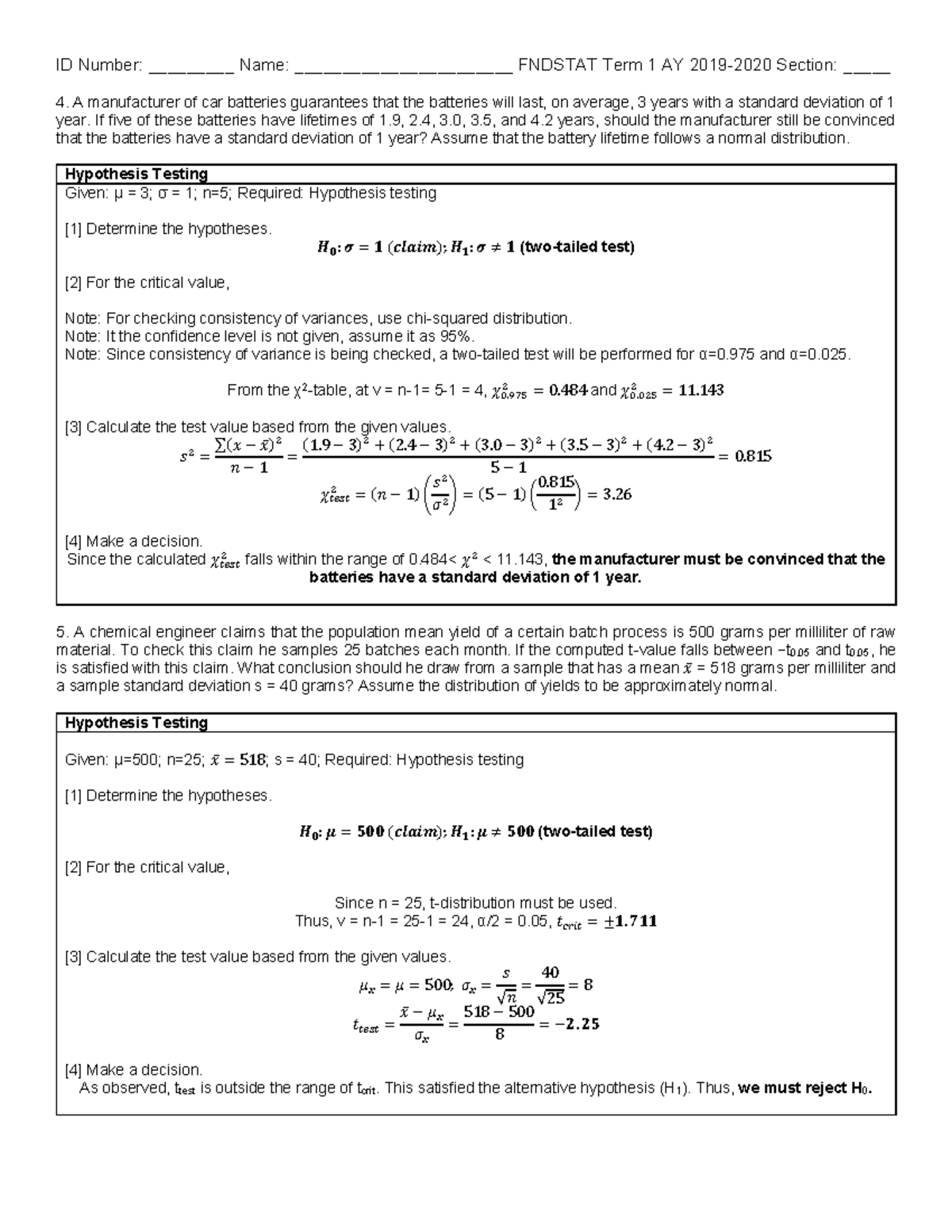 Statistics Problem Set for Quiz 3 (with solutions) - A manufacturer of ...
