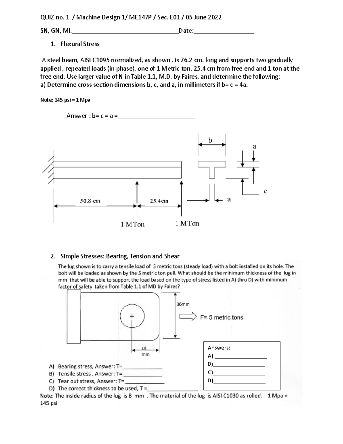 QUIZ no. 1 MD1 June 2022 - QUIZ no. 1 / Machine Design 1/ ME147P / Sec ...