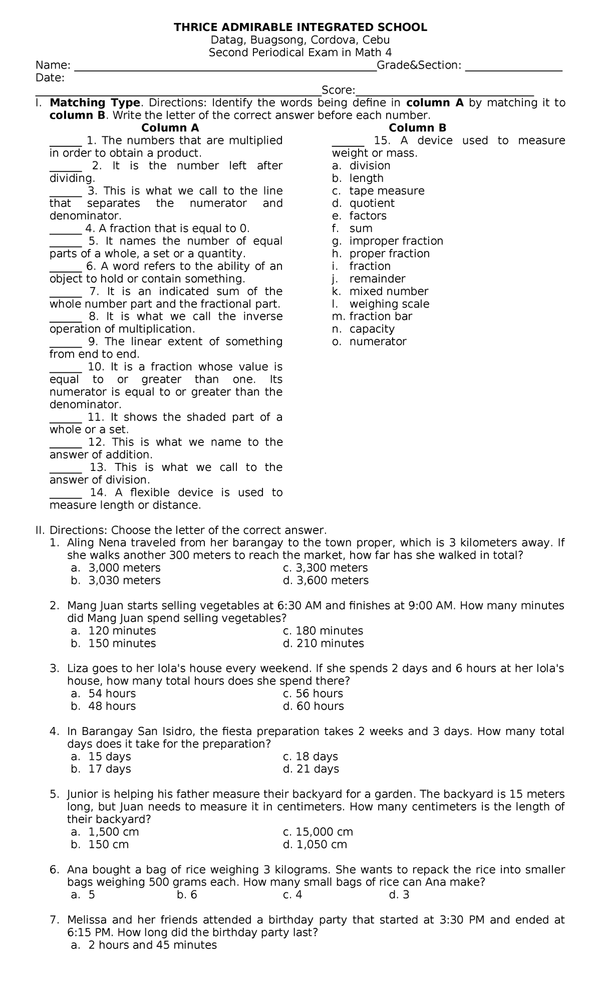 Second Periodical Exam in Math 4 - THRICE ADMIRABLE INTEGRATED SCHOOL ...