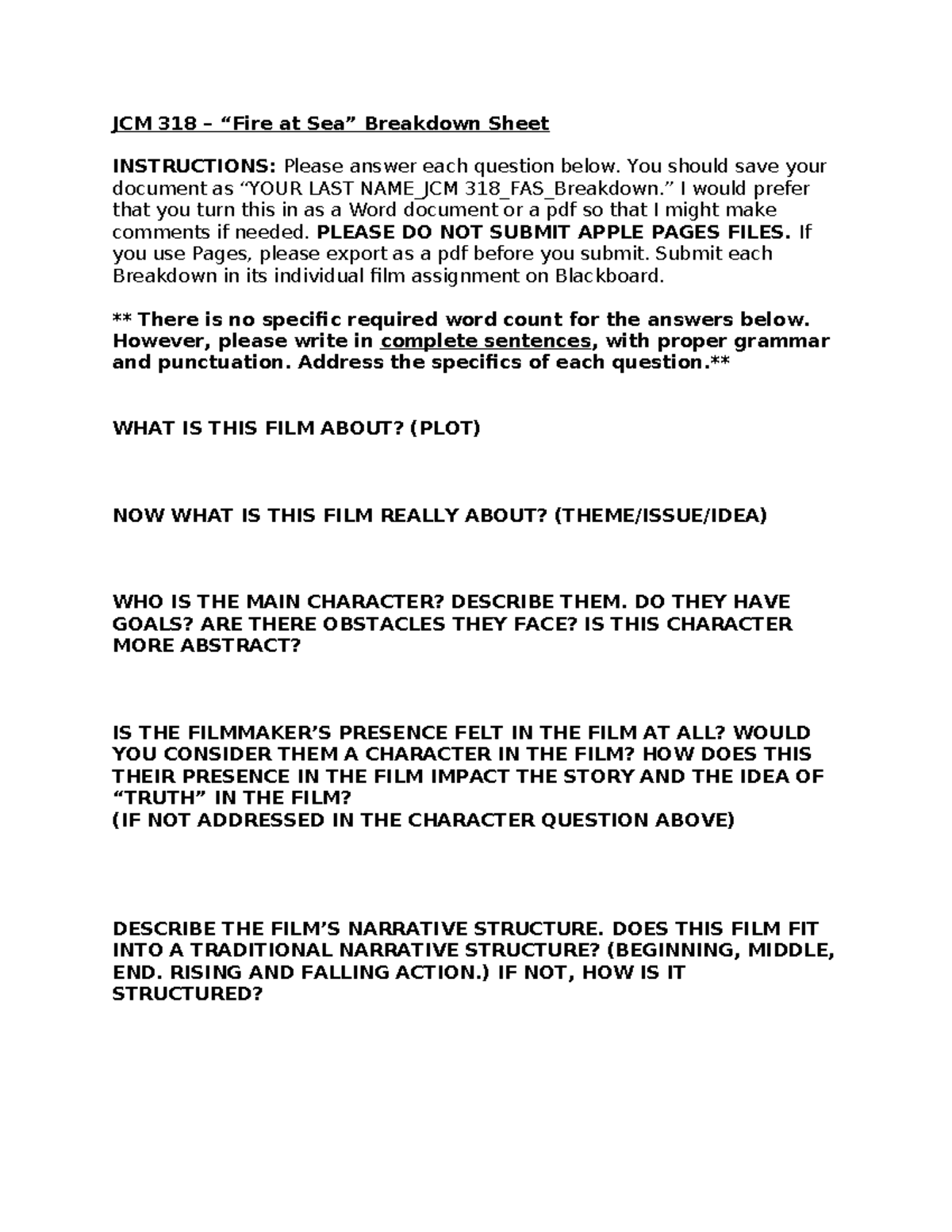 JCM 318 FAS Breakdown - JCM 318 – “Fire at Sea” Breakdown Sheet INSTRUCTIONS: Please answer each ...
