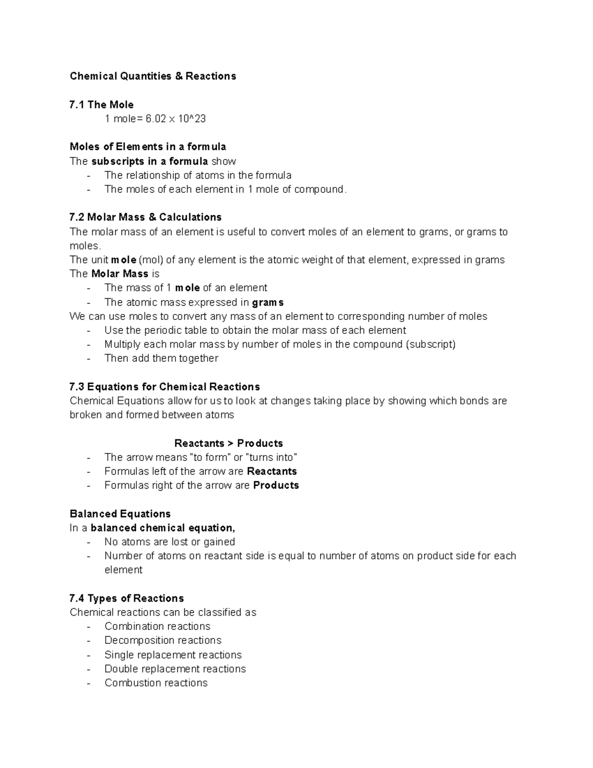 Chem chp 7 notes - Chemical Quantities & Reactions 7 The Mole 1 mole= 6 ...