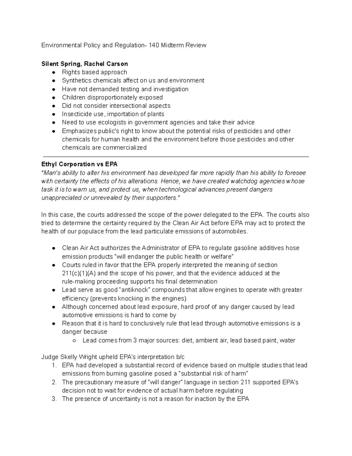 Enviro 140 Midterm Review - Environmental Policy and Regulation- 140 ...