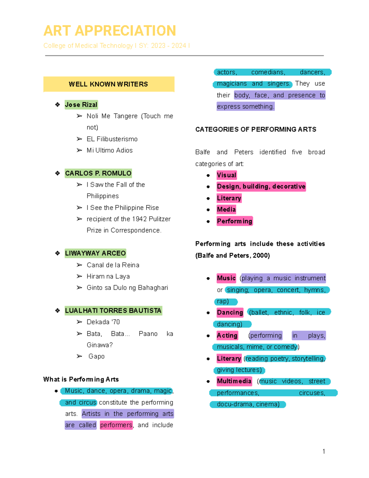 Performing Arts - ART APPRECIATION College of Medical Technology I SY ...
