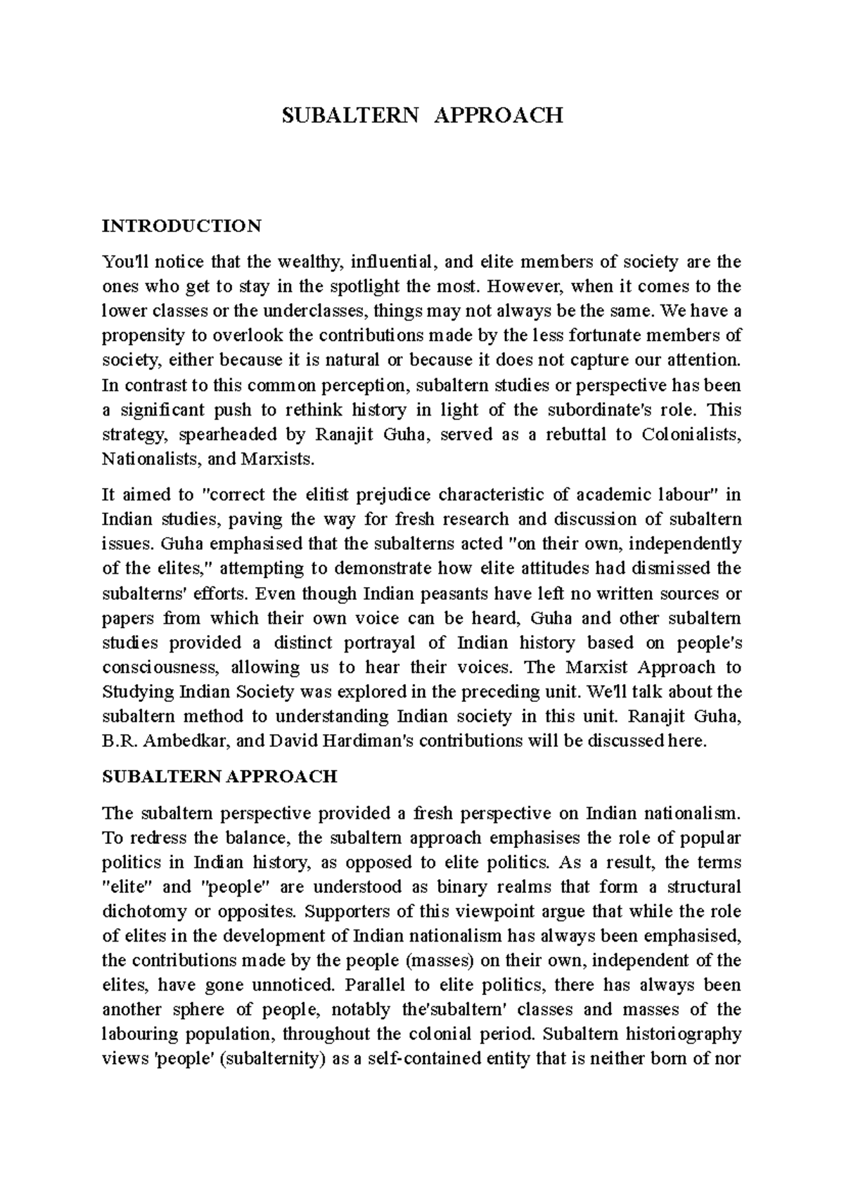 Subaltern Approach - Lecture notes 5 - SUBALTERN APPROACH INTRODUCTION ...