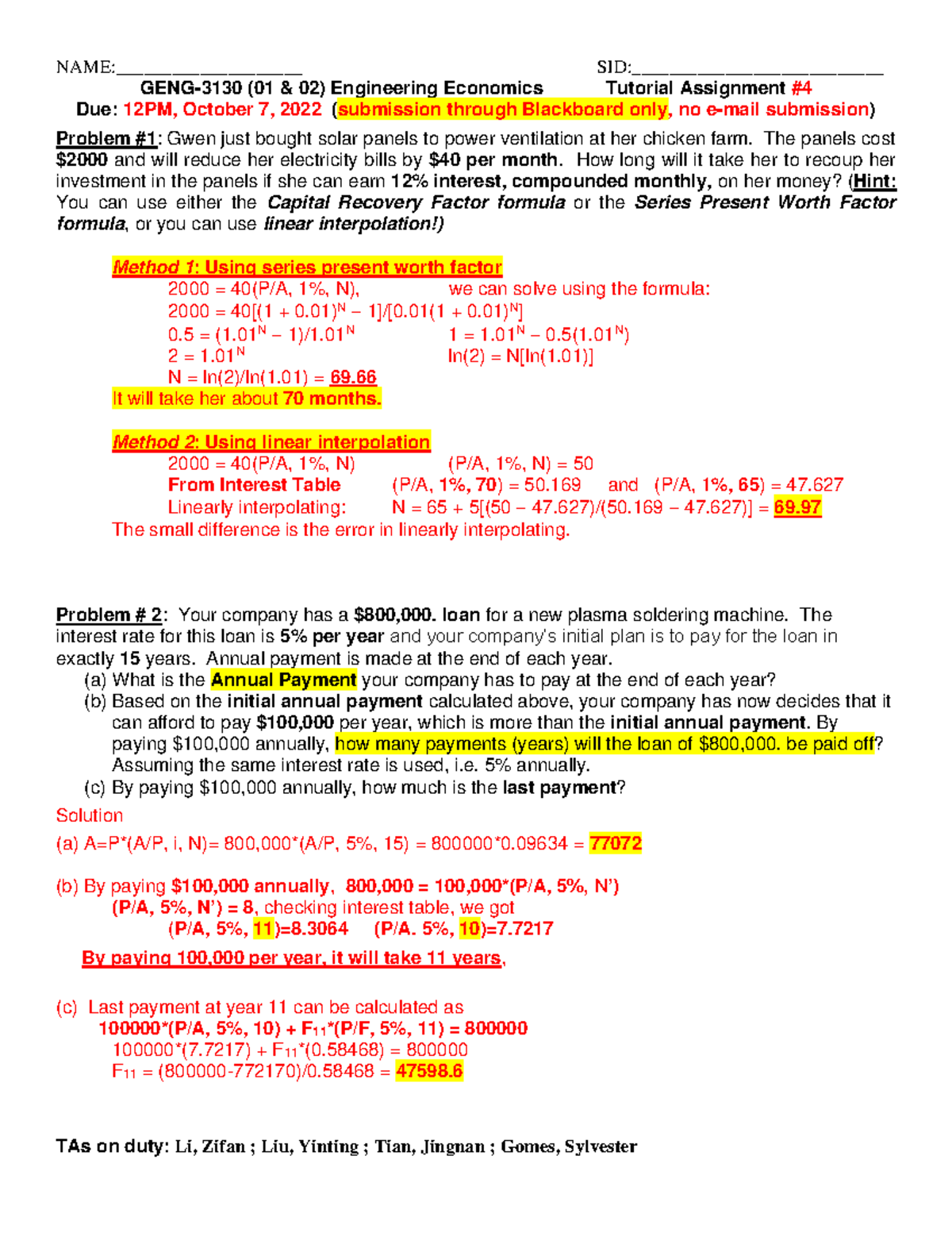 Tutorial 4 Oct7 solutions post - GENG-3130 (01 & 02) Engineering Economics Tutorial Assignment ...