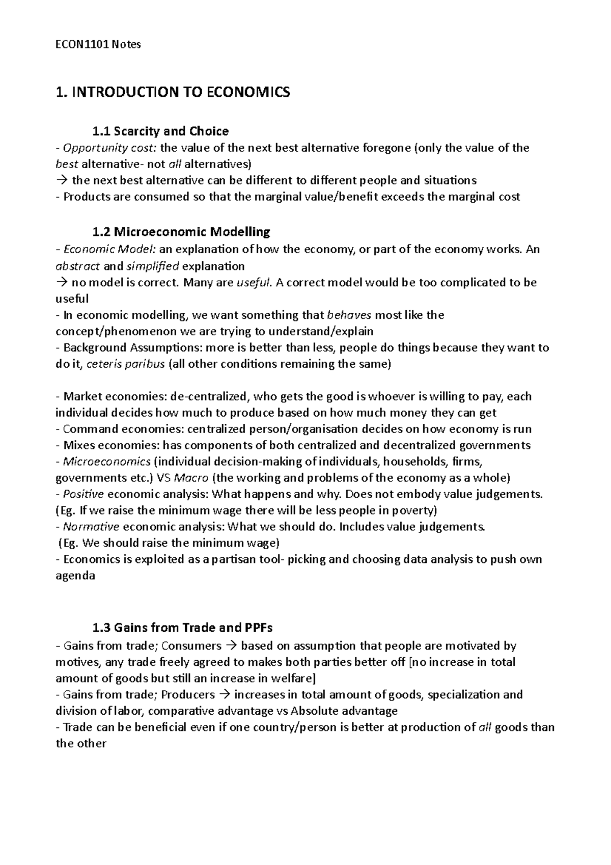 ECON1101 Notes - Summary Microeconomics 1 - 1. INTRODUCTION TO ...