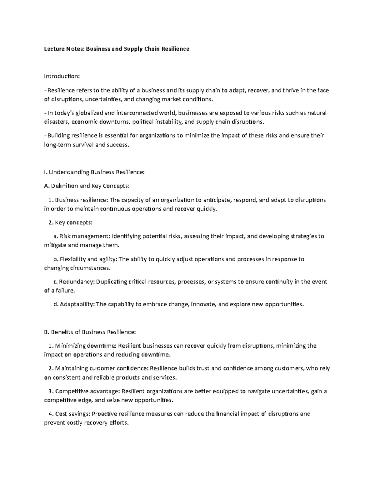 Lecture Notes: Business and Supply Chain Resilience - Lecture Notes ...