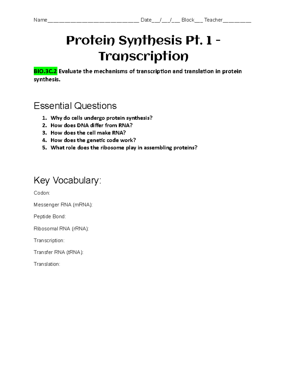 Companion- Transcription - Protein Synthesis Pt. 1 - Transcription BIO ...