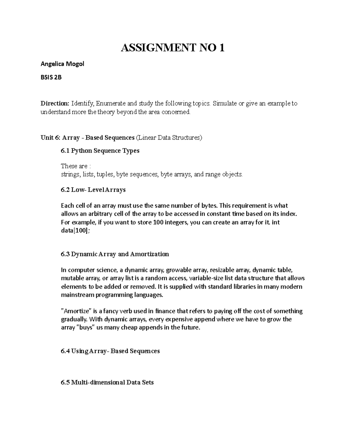 Assignment 2 DSA - None - ASSIGNMENT NO 1 Angelica Mogol BSIS 2B ...