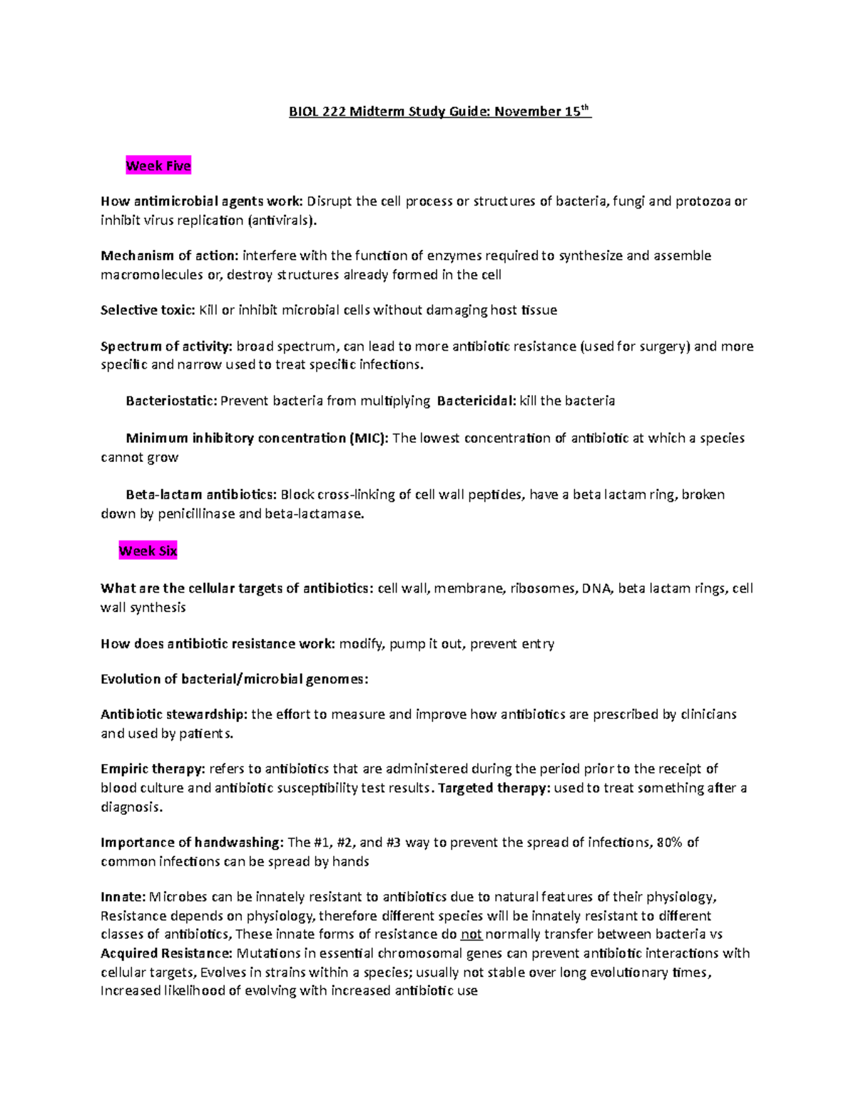 BIOL 222 Midterm 2 Study Guide - BIOL 222 Midterm Study Guide: November 15 th Week Five How ...