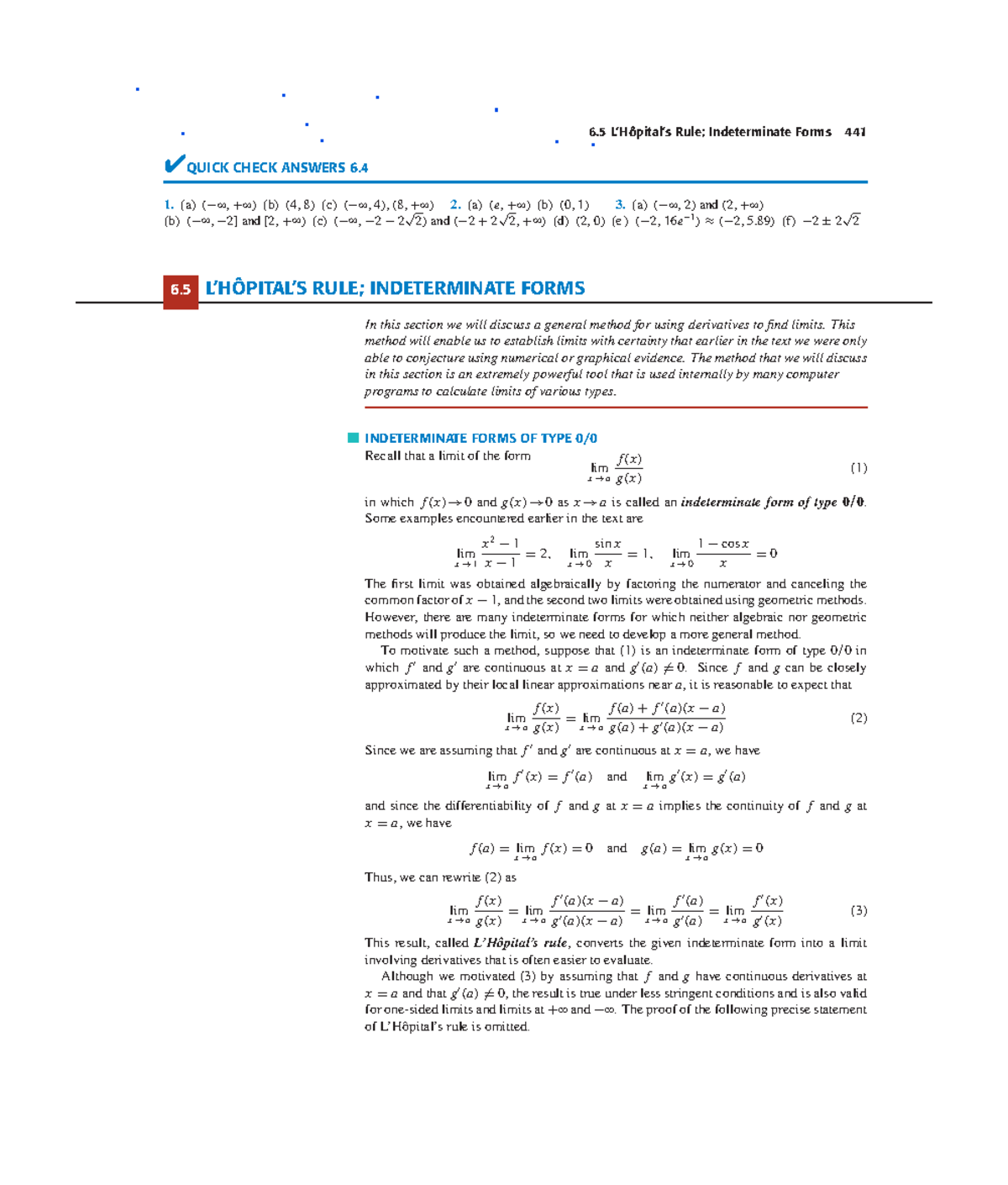 Math work ch6-5 - Math work - 6 L’Hôpital’s Rule; Indeterminate Forms 441 QUICK CHECK ANSWERS 6 ...