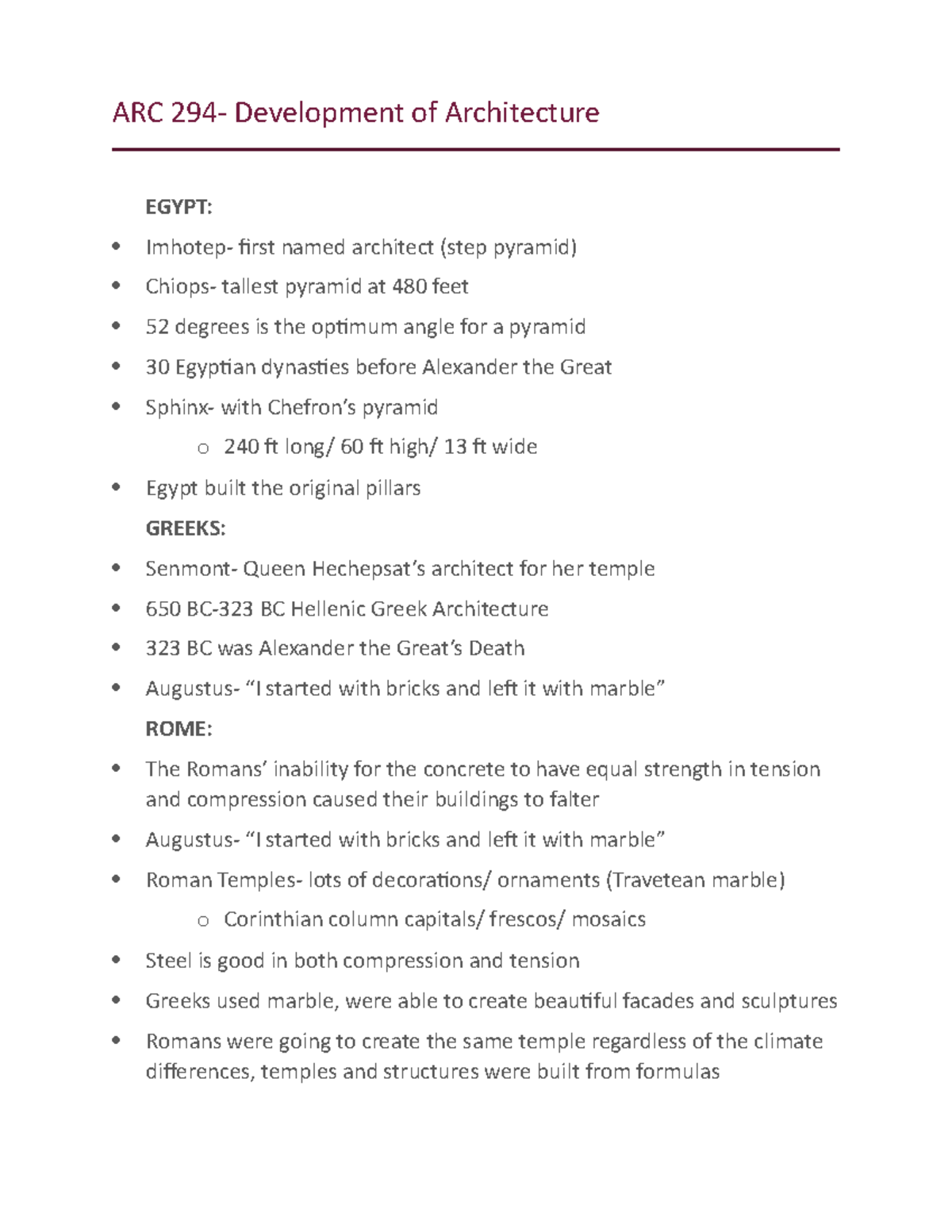 ARC 294 Notes - ARC Development of Architecture EGYPT: first named ...