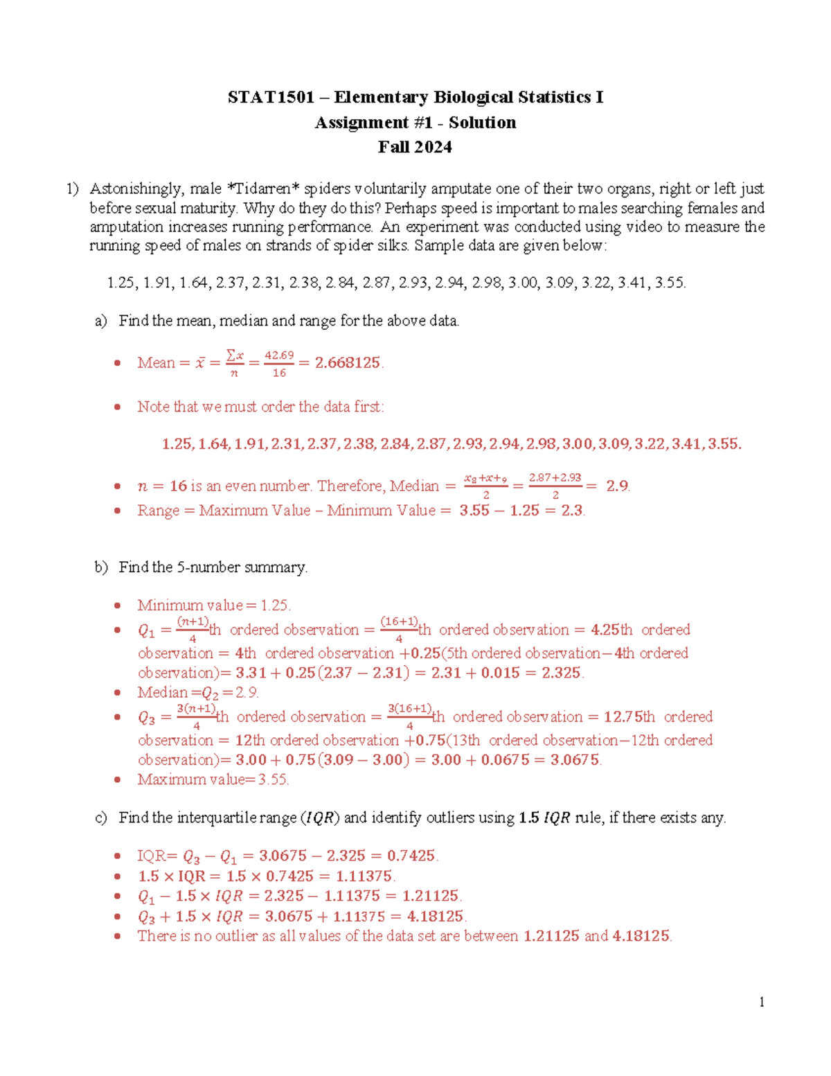Assignment 1 - Solution - Fall 2024 - 1 STAT1501 – Elementary Biological Statistics I Assignment ...
