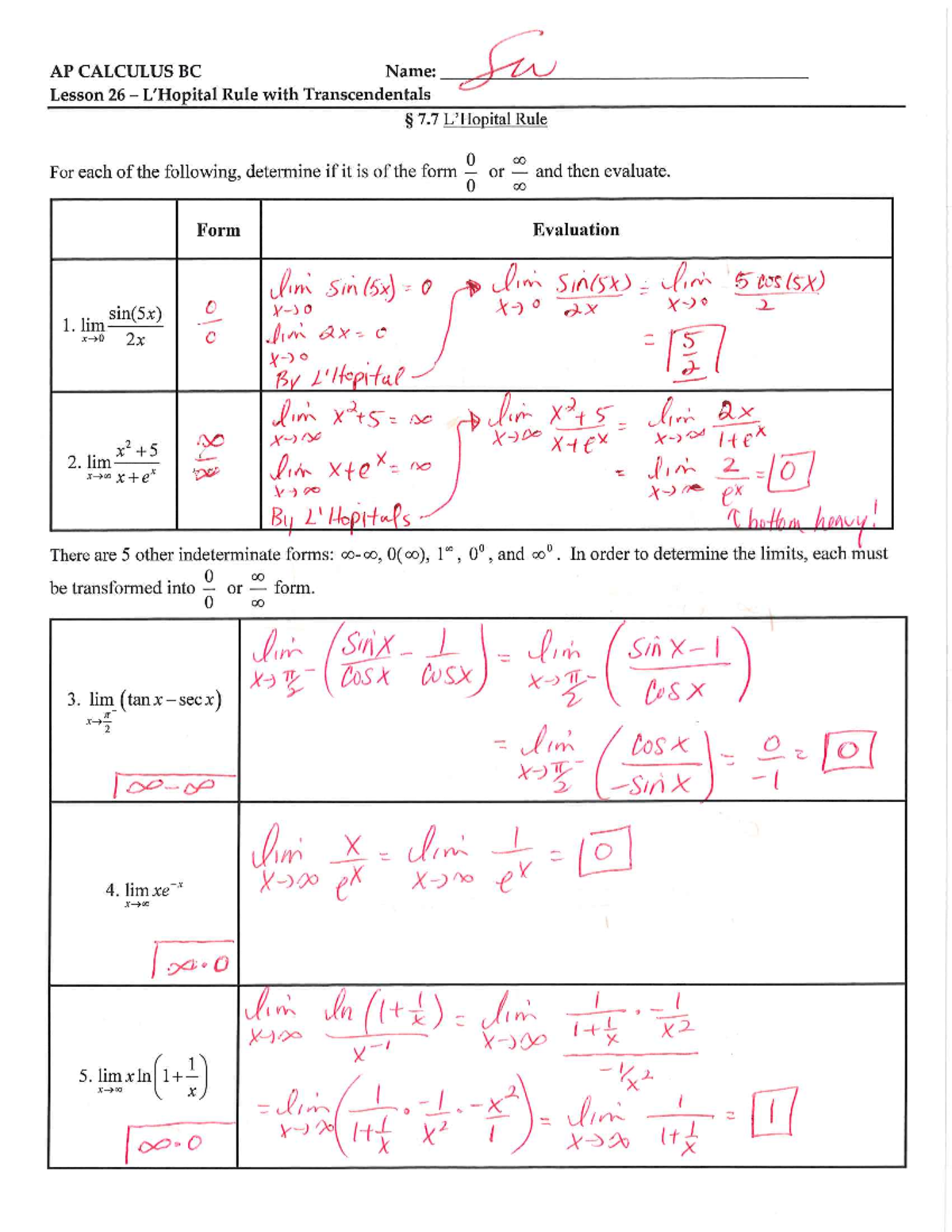 Lesson 27 LHopital with Transcendentals KEY - AP CALCULUS BC Name: Sir ...