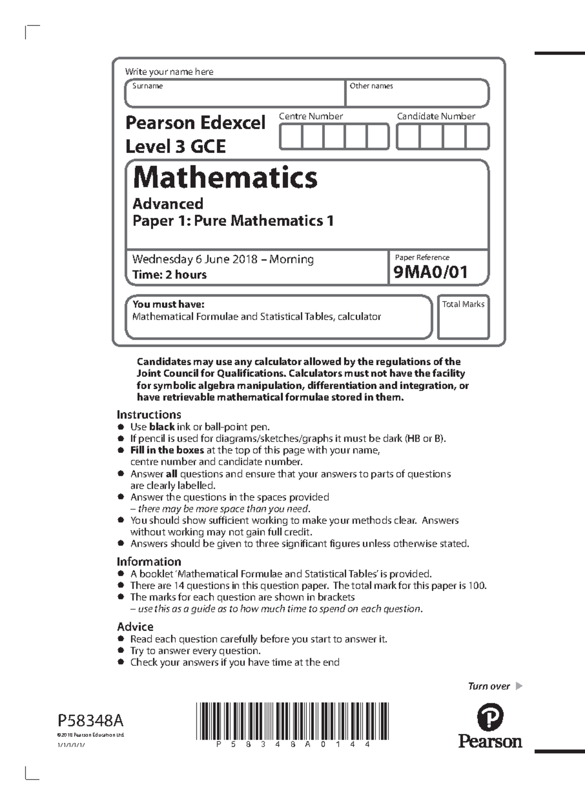 Edexcel A Level June 2018 Pure Paper 1 - Centre Number Candidate Number ...