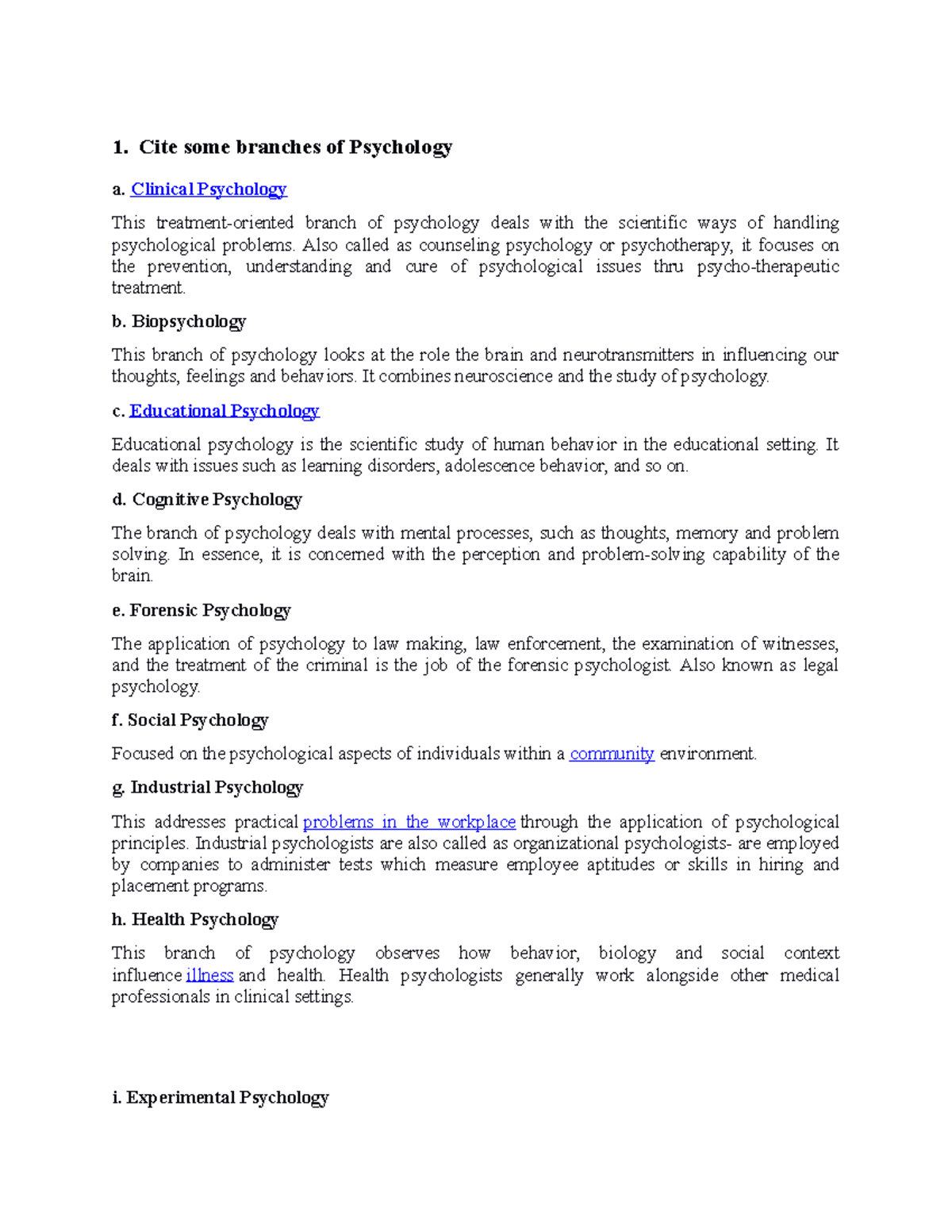 Branches of Psychology and they meaning - 1. Cite some branches of ...