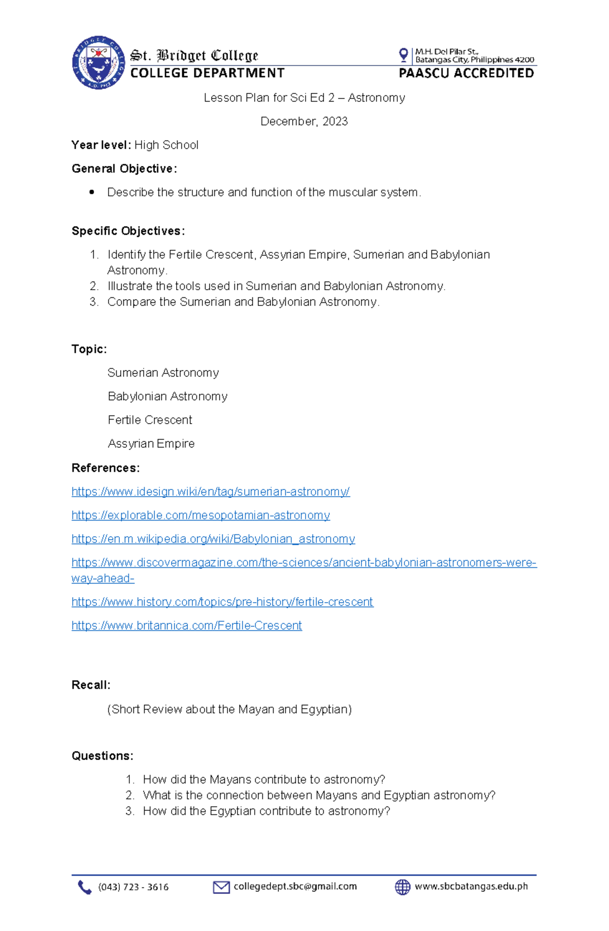 Andrei Rosales LP IN Astronomy - Lesson Plan for Sci Ed 2 – Astronomy ...