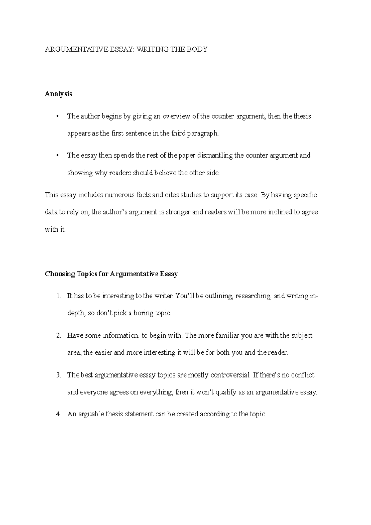 Argumentative Essay- Writing THE BODY - ARGUMENTATIVE ESSAY: WRITING ...