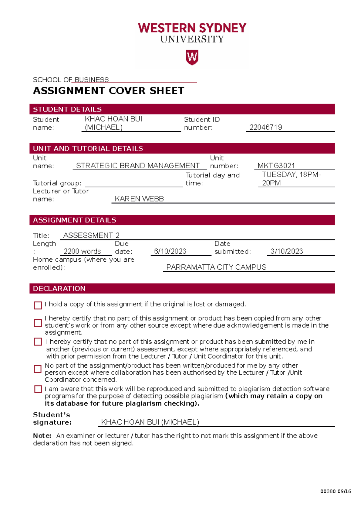Cover sheet wsu parra - SCHOOL OF BUSINESS ASSIGNMENT COVER SHEET ...
