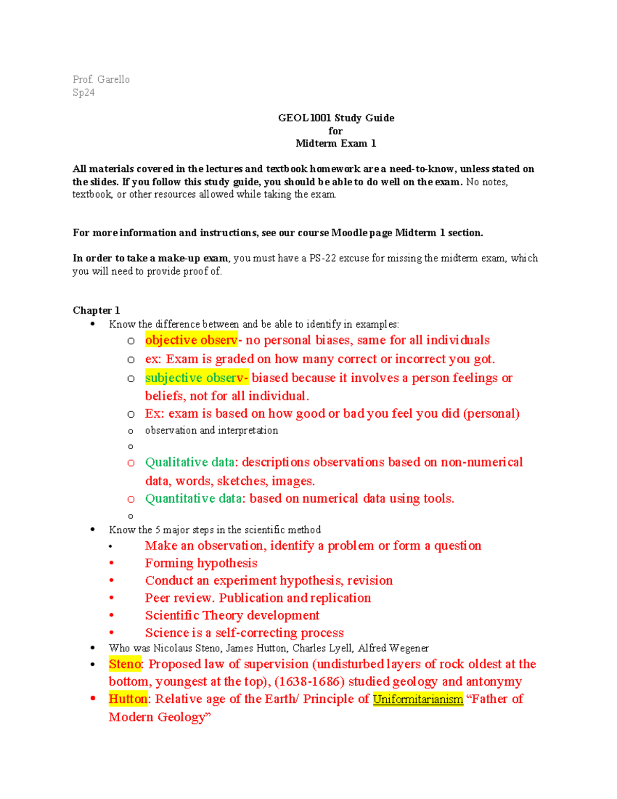 Geology Midterm 1 Guide - Prof. Garello Sp GEOL1001 Study Guide for ...