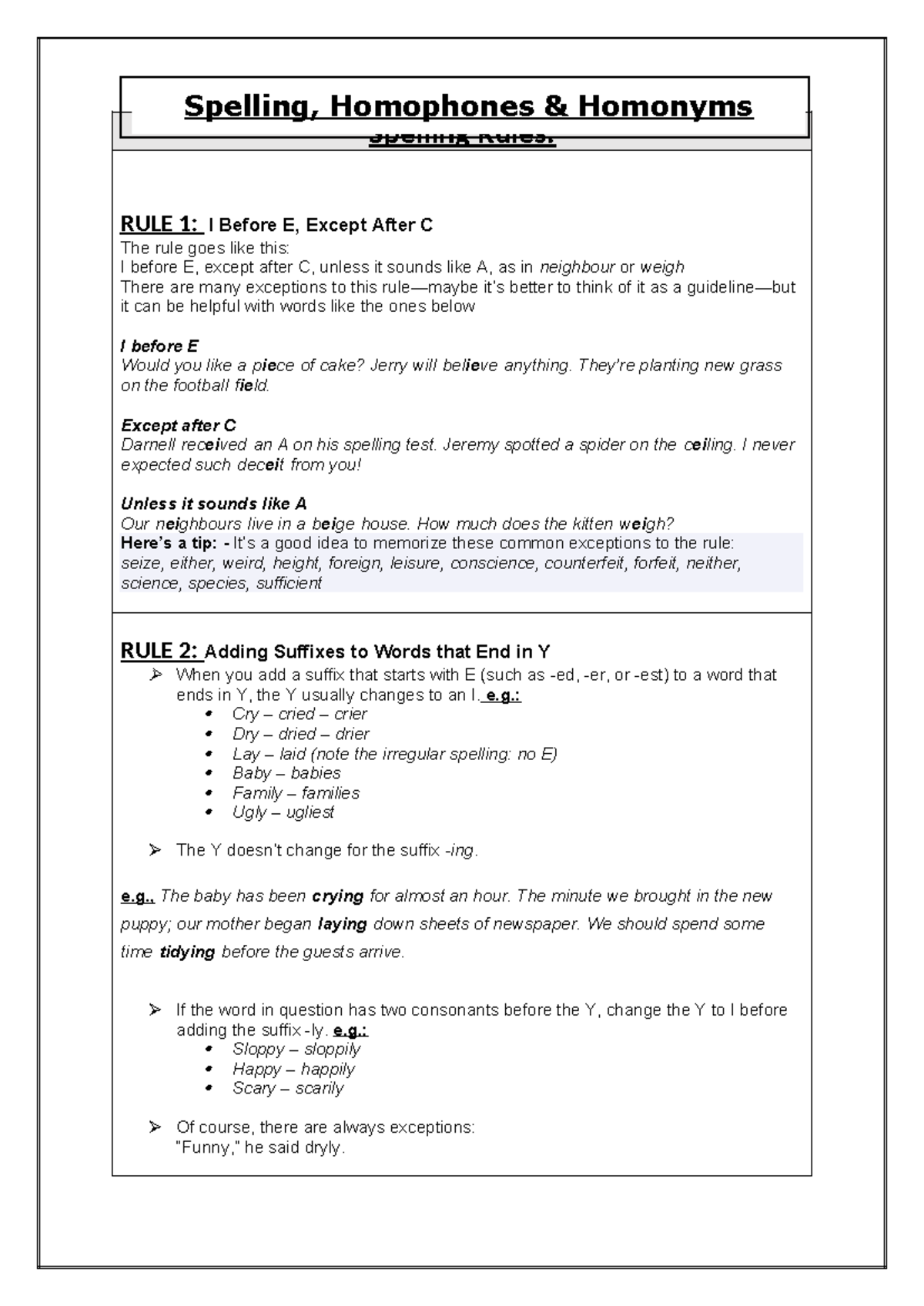 Spelling Rules, Homophones & Homonyms Notes & Activities - Spelling ...