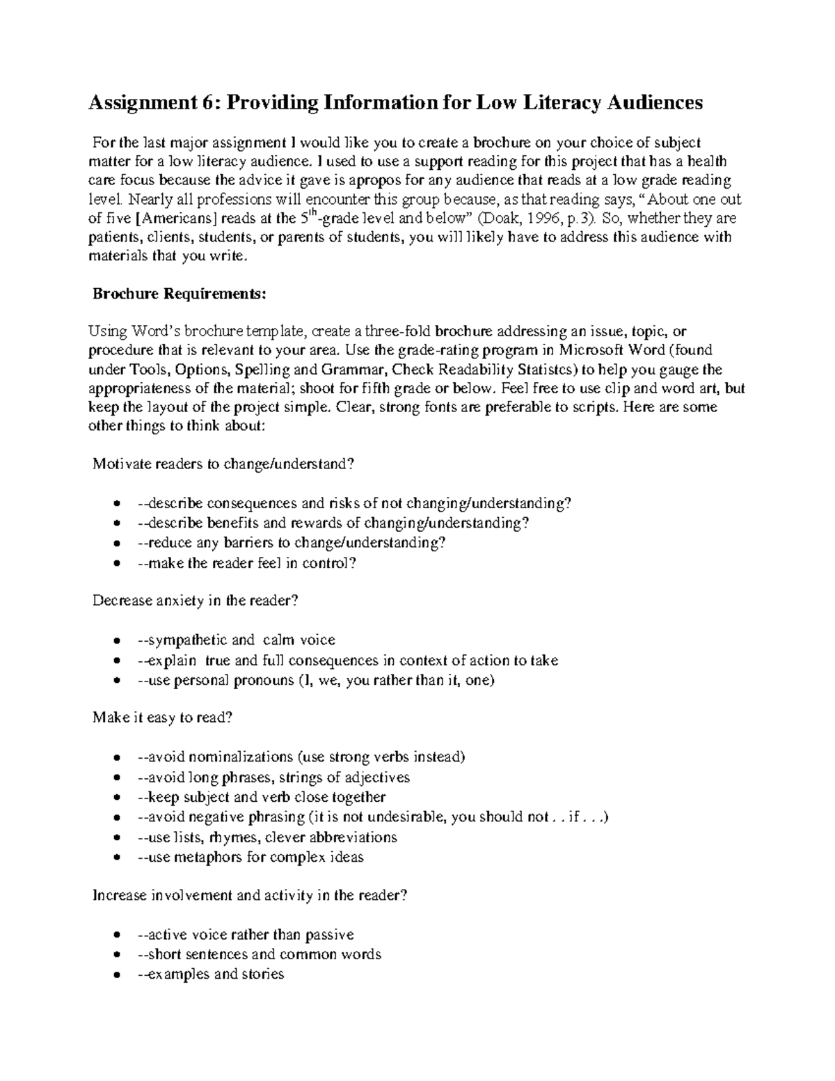 Brochure - Assignment 6: Providing Information for Low Literacy ...