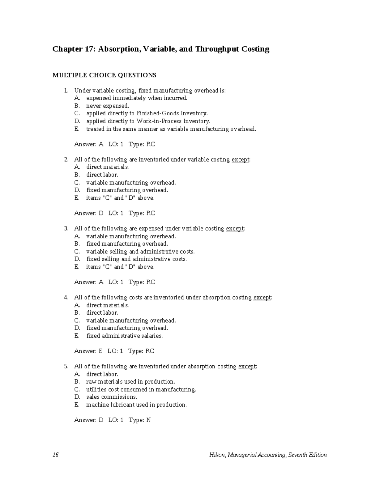 Variable absorption costing - Chapter 17: Absorption, Variable, and Throughput Costing MULTIPLE ...