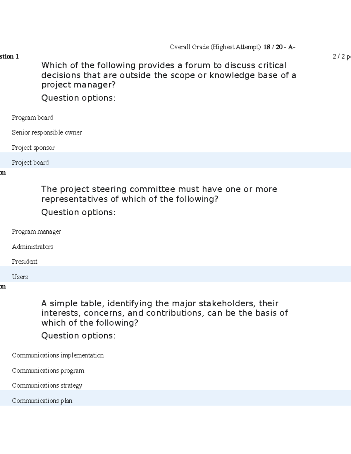 CYB 420 Module 6 Quiz - Project Management Key Topics - Overall Grade (Highest Attempt) 18 / 20 ...
