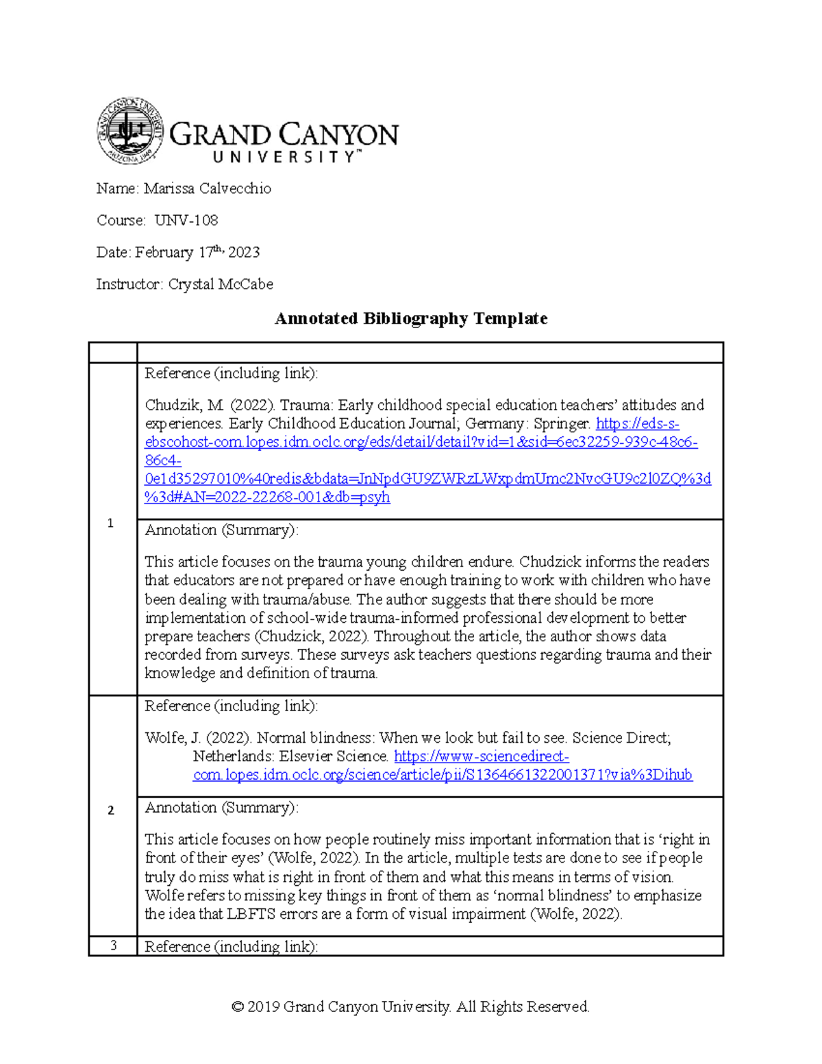 Annotated Bibliography Template - Name: Marissa Calvecchio Course: UNV ...