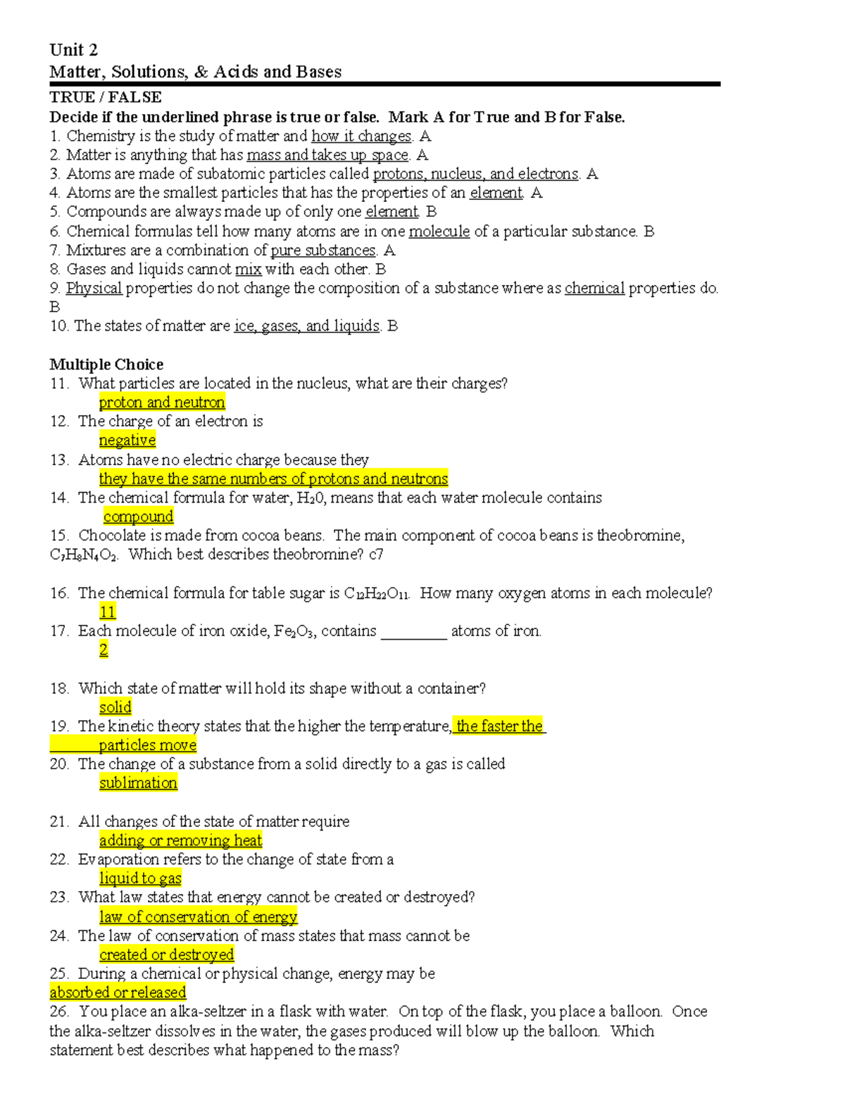 Phy. Sci. Unit 2 Study Guide - Unit 2 Matter, Solutions, & Acids and ...