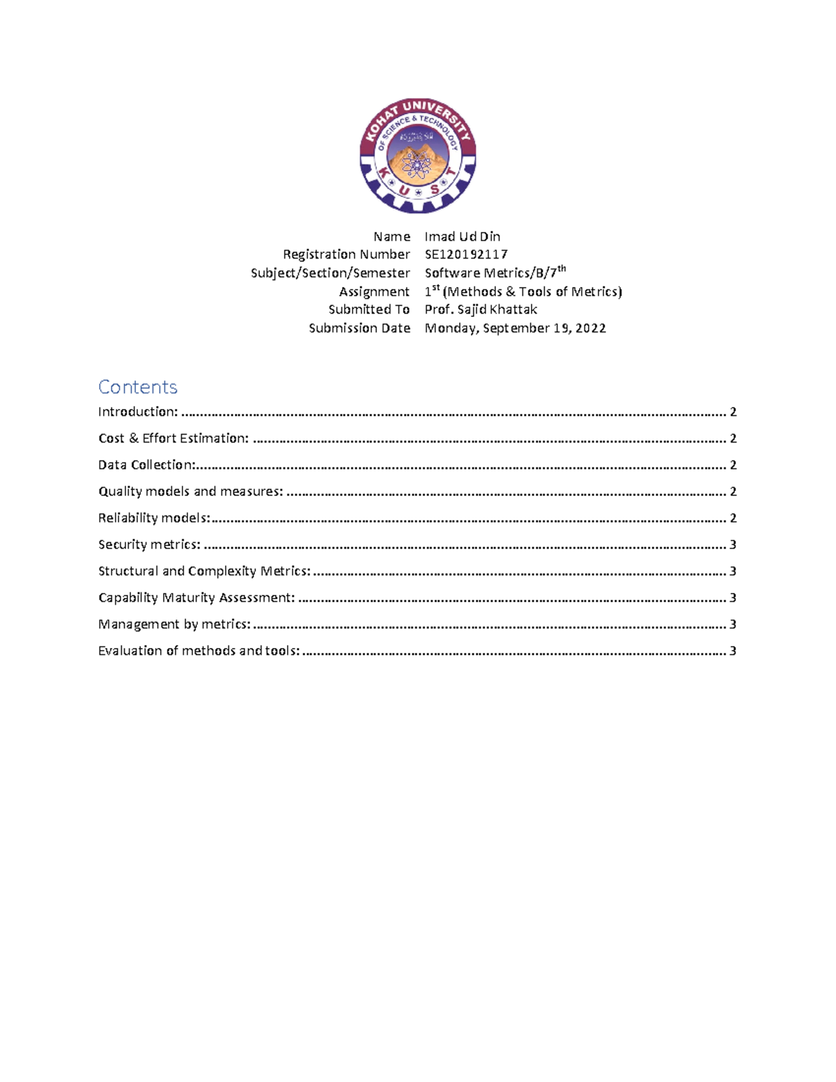 Software metrics Original Assignment - Name Imad Ud Din Registration ...