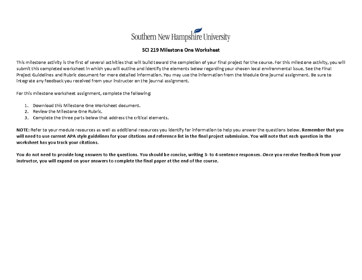 SCI 219 Milestone One Worksheet - SCI 219 Milestone One Worksheet This ...