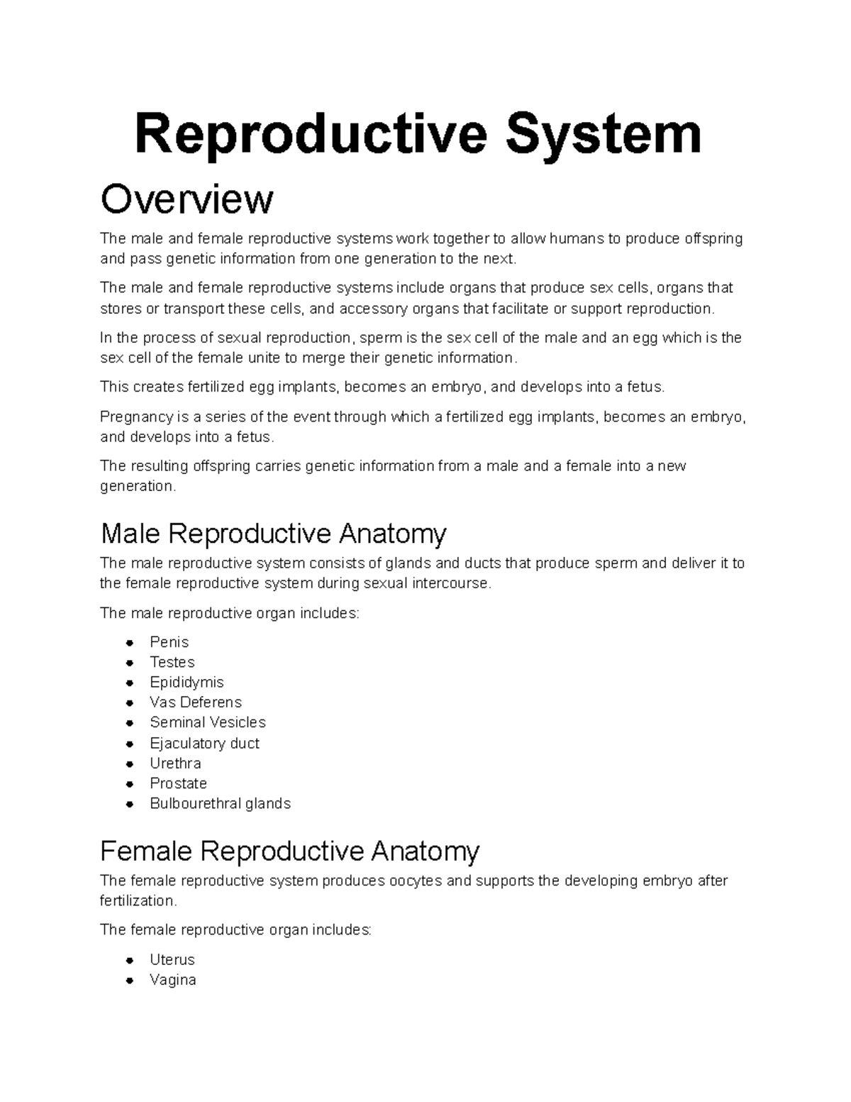 Reproductive System A&P lab - Reproductive System Overview The male and ...