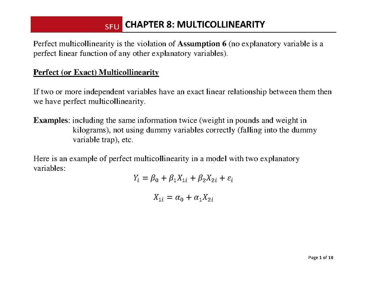 Mullticollinearity guide - CHAPTER 8: MULTICOLLINEARITY Page 1 of Perfect multicollinearity is ...
