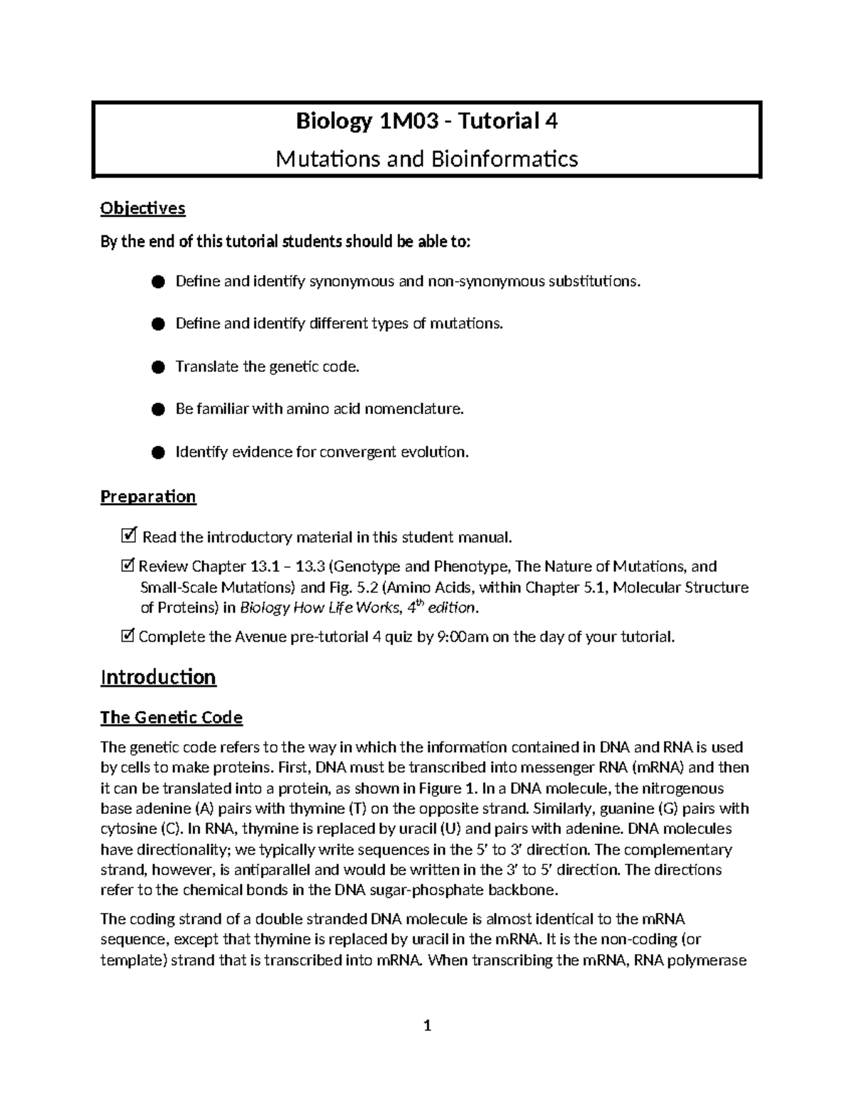 Tutorial 4 Mutations and Bioinformatics W2024 Final - Biology 1M03 - Tutorial 4 Mutations and ...