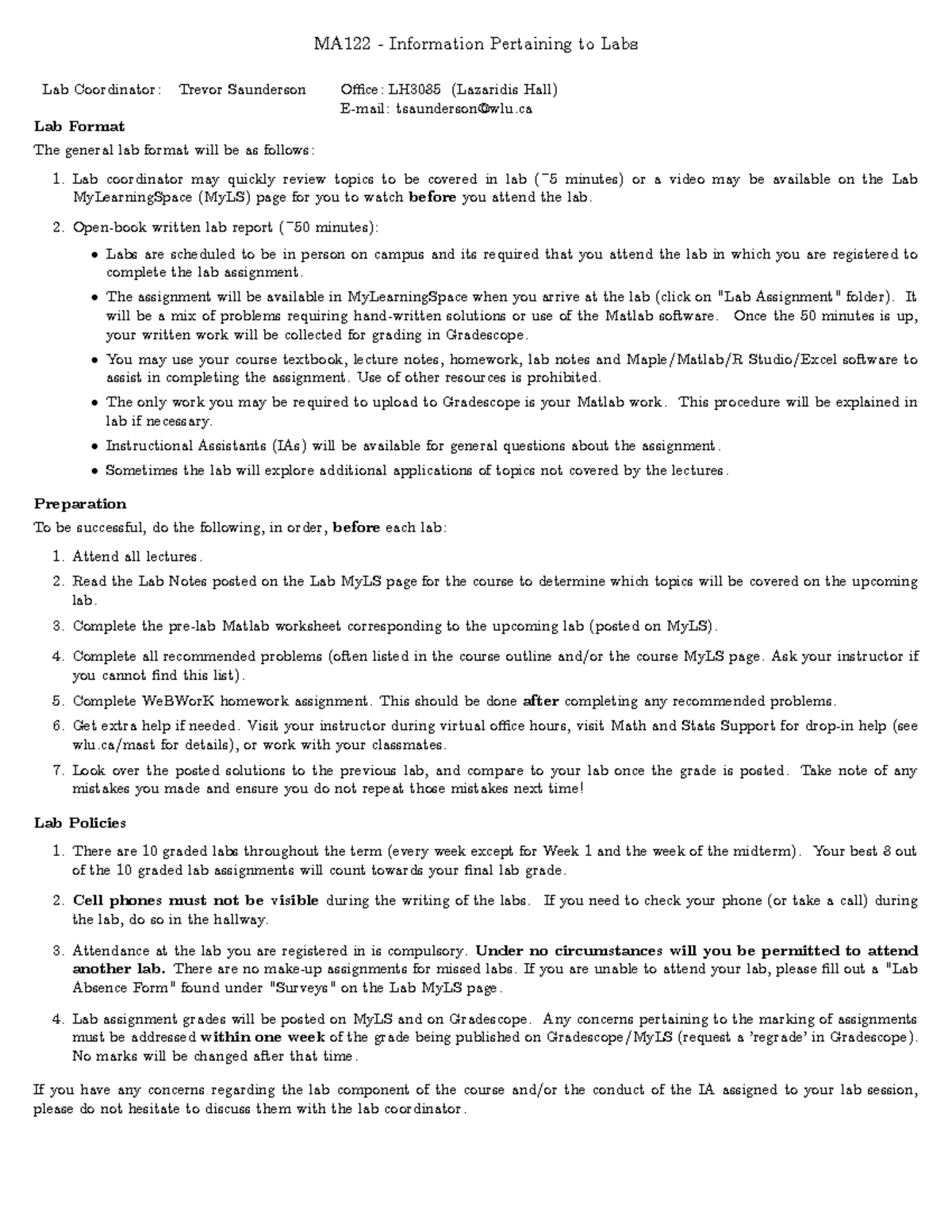 Lab Format - Lab formart - MA122 - Information Pertaining to Labs Lab ...