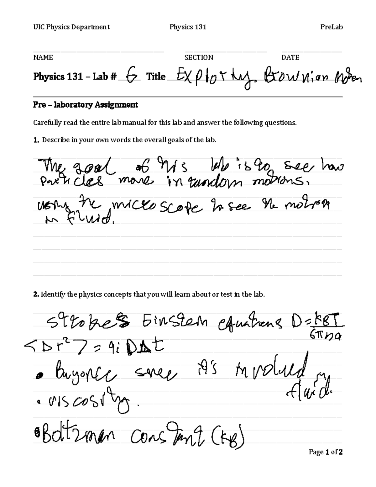 P131L - Prelab Template 2 - UIC Physics Department Physics 131 PreLab ...