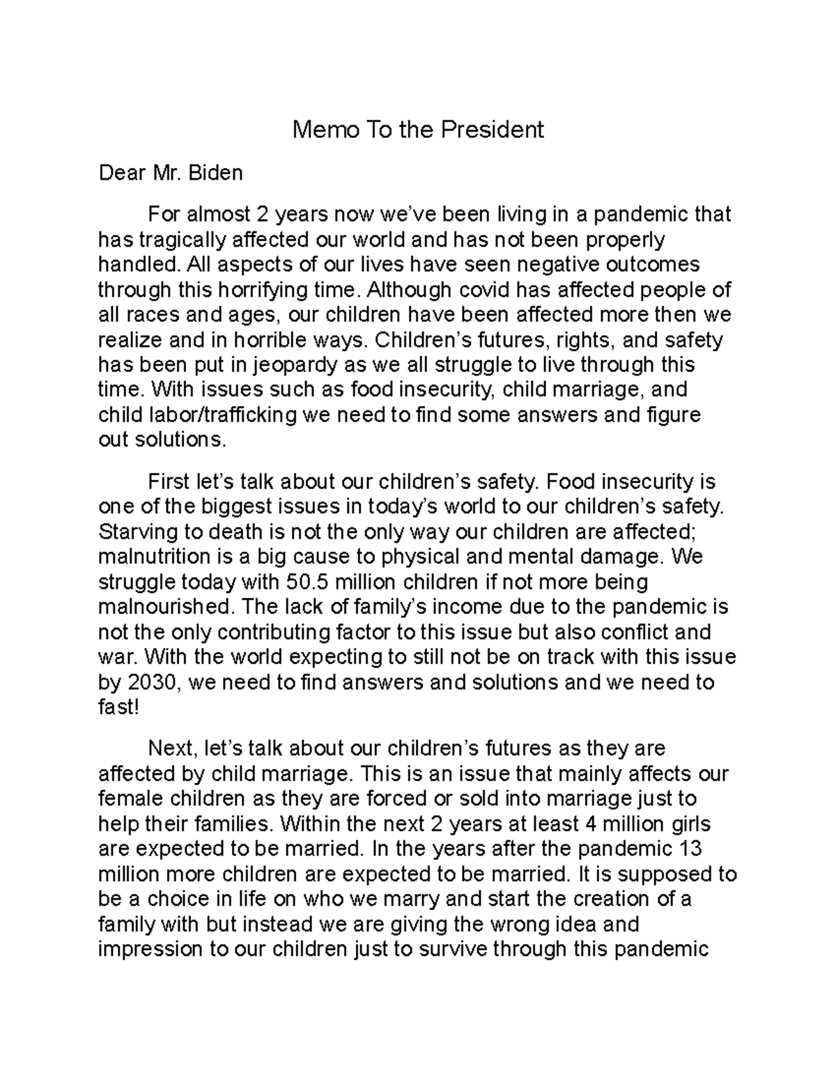 Untitled document - Example - Memo To the President Dear Mr. Biden For ...